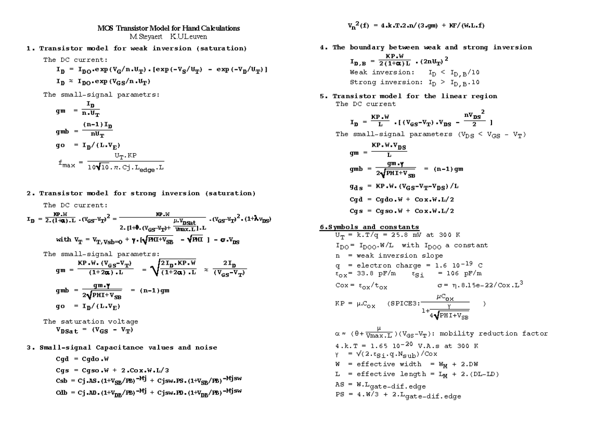 Model MOS - MOS Transistor Model for Hand Calculations M K.U Transistor ...