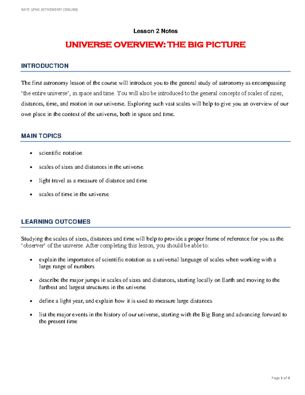 Lesson 02 notes - Lesson 2 Notes UNIVERSE OVERVIEW: THE BIG PICTURE ...