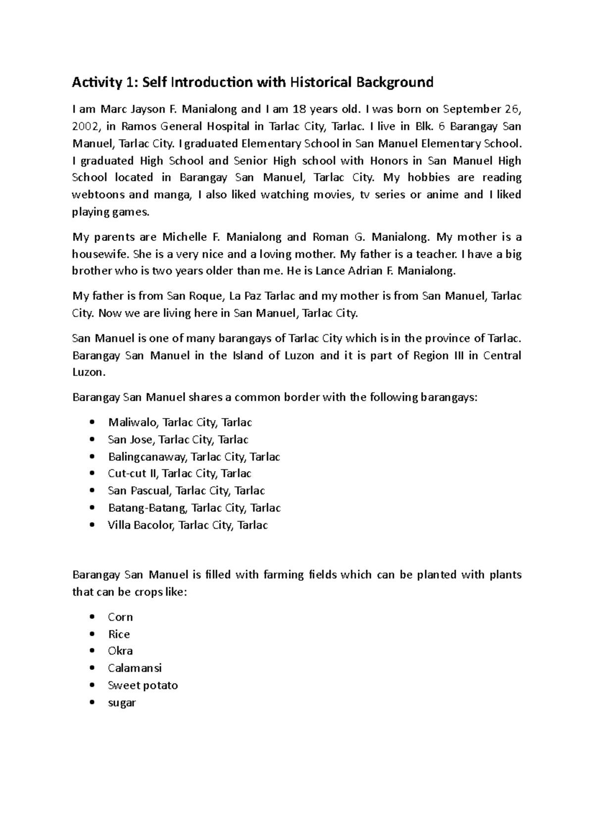 Manialong, Marc Jayson F. Act 1 Self introduction - Activity 1: Self ...