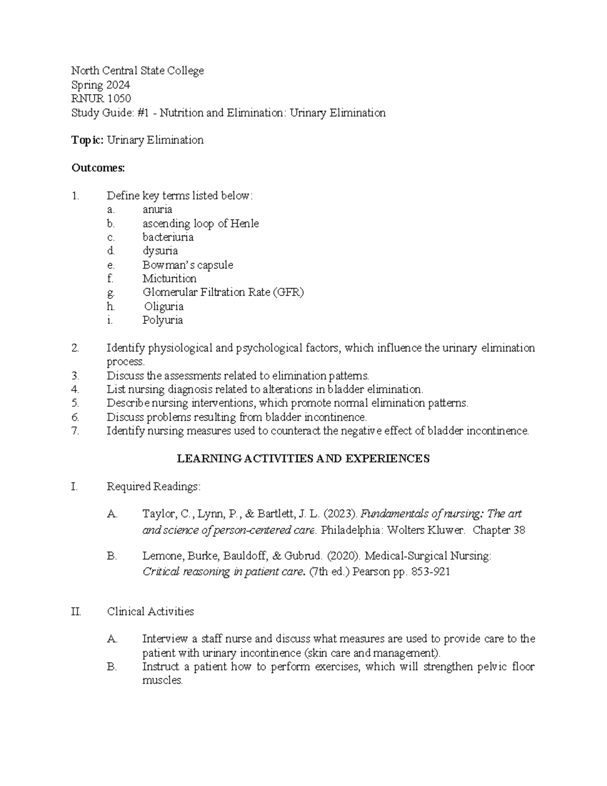 SG #1 Urinary Elimination - North Central State College Spring 2024 ...