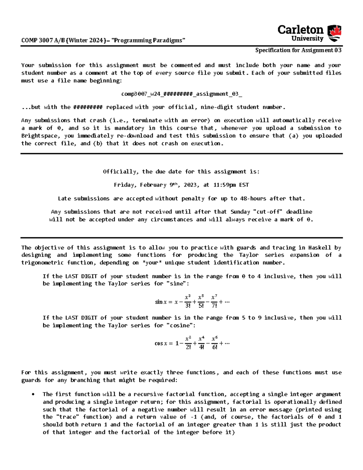 COMP 3007 W24 - Assignment 3 of 8 - Specification - COMP 3007 A/B (Winter 2024 ) − "Programming ...