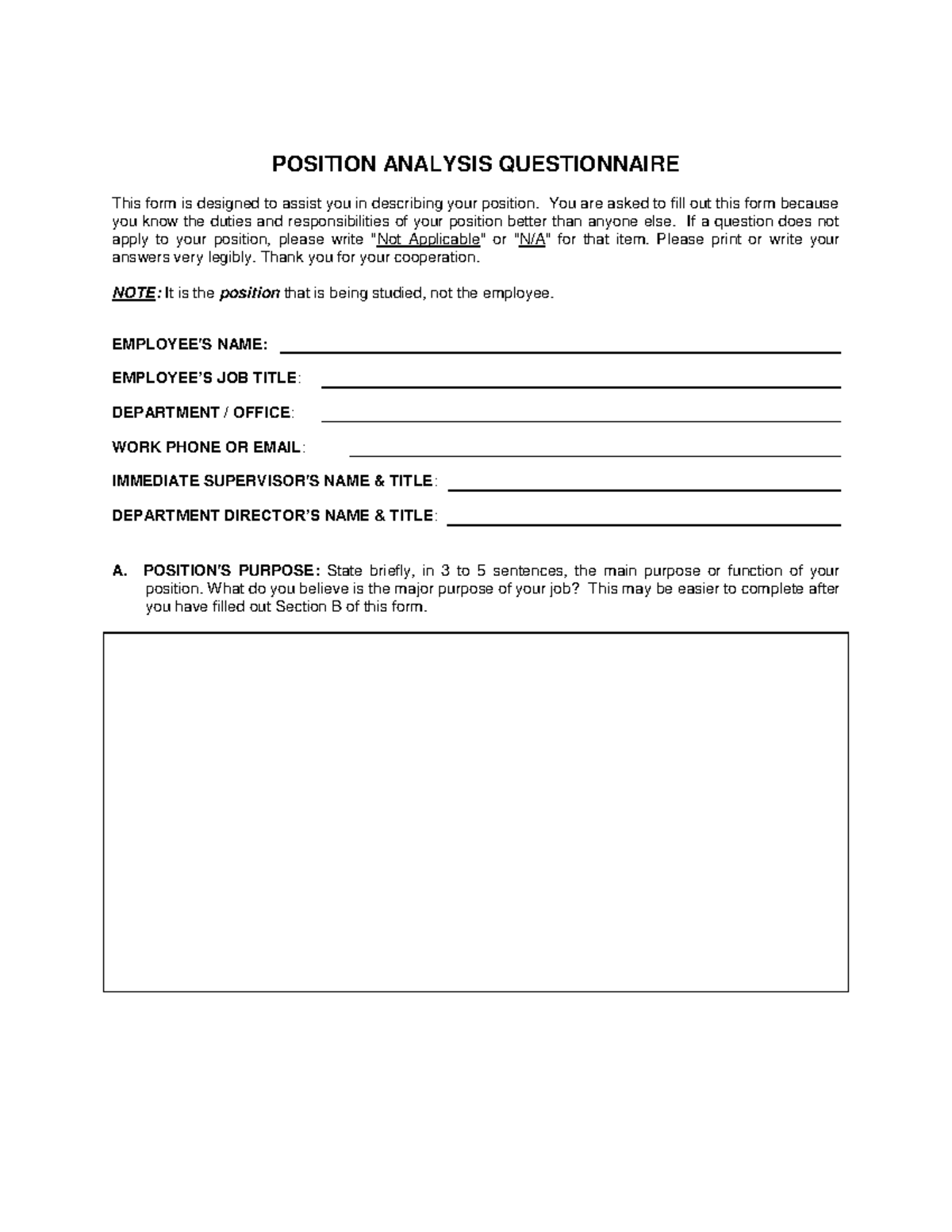 Sample-PAQ - POSITION ANALYSIS QUESTIONNAIRE This form is designed to ...