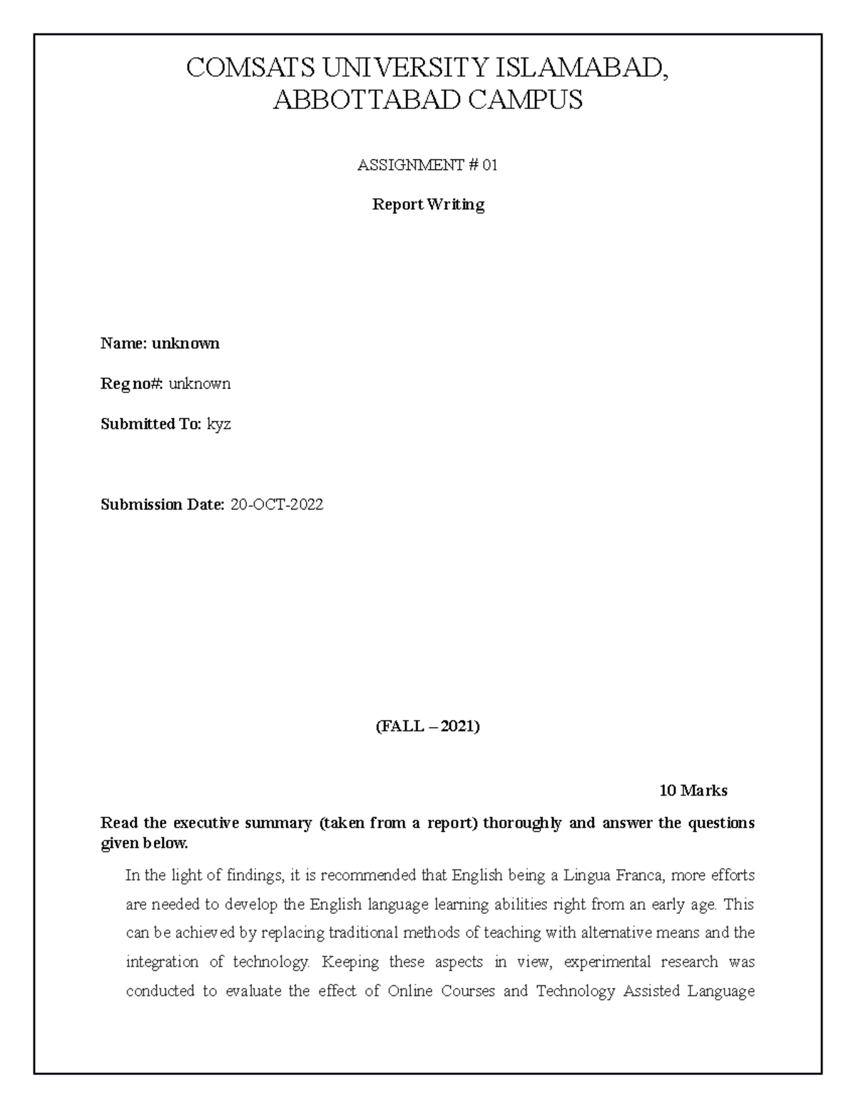 New - assignments - COMSATS UNIVERSITY ISLAMABAD, ABBOTTABAD CAMPUS ASSIGNMENT # 01 Report ...