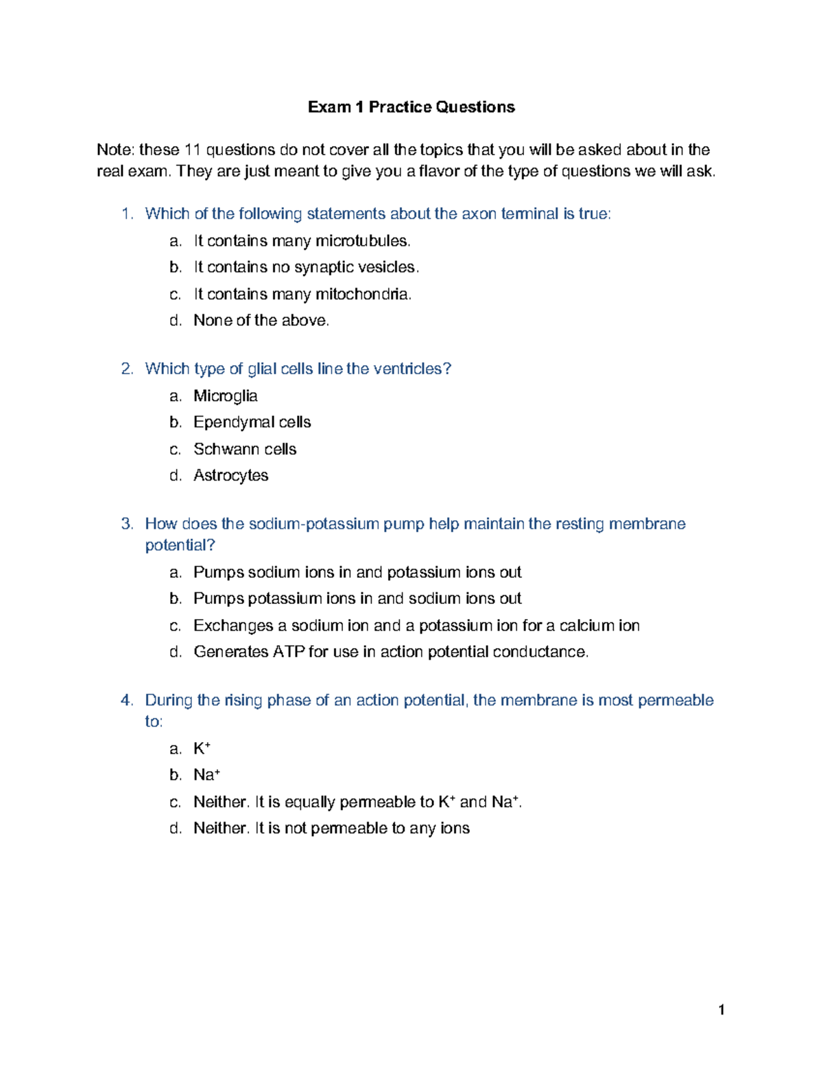 Practice Questions for Exam One - 1 Exam 1 Practice Questions Note ...