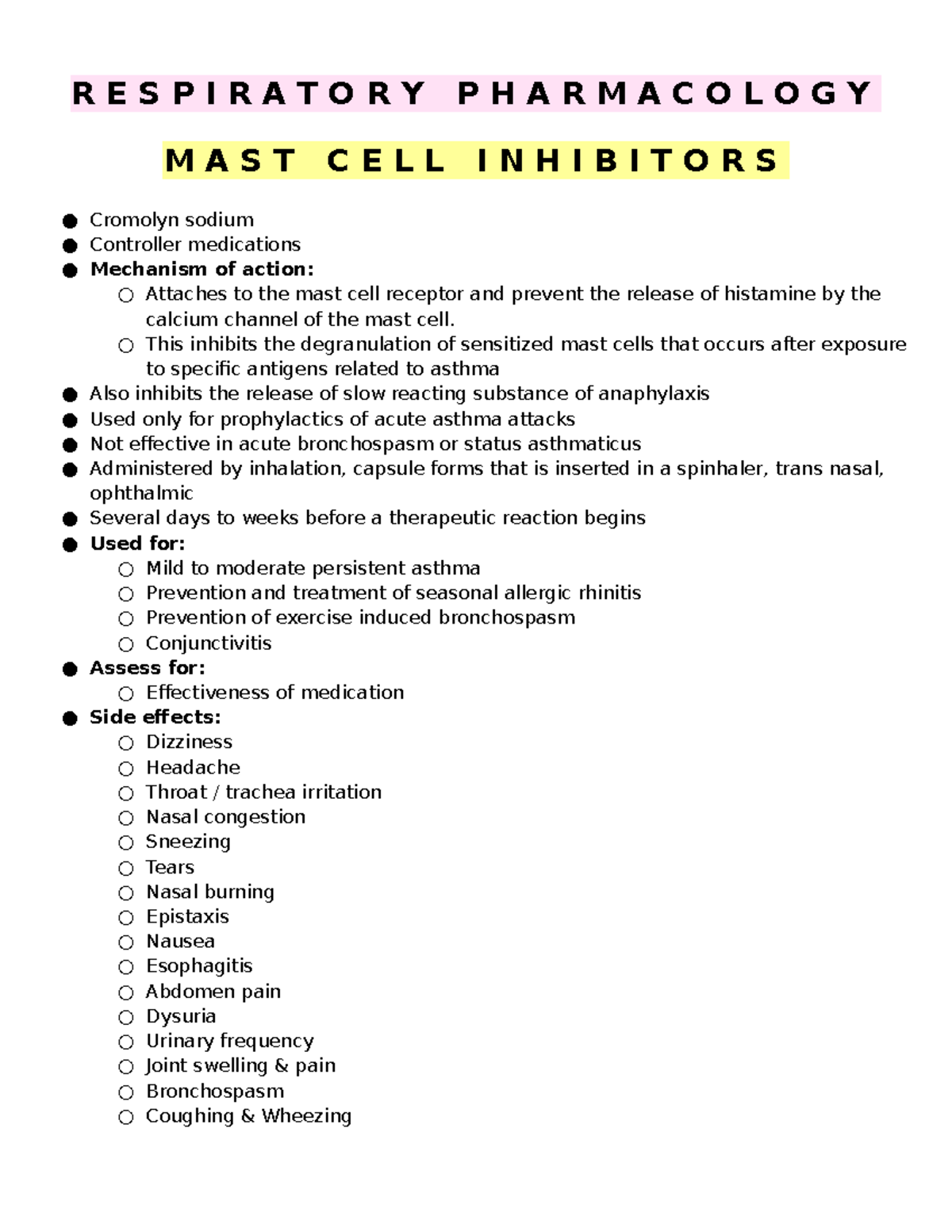 Respiratory Pharmacology - RESPIRATORY PHARMACOLOGY MAST CELL ...