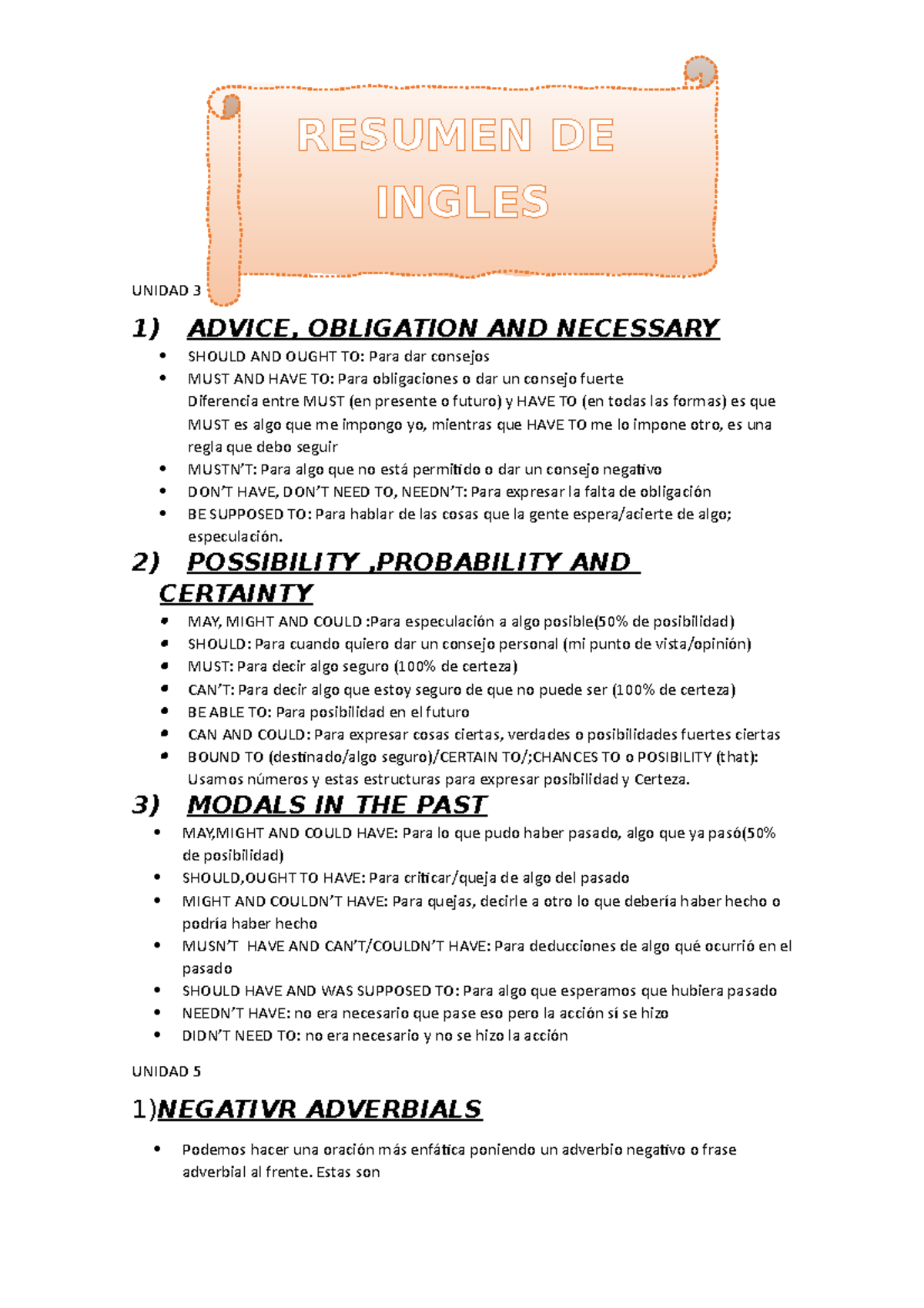 1 Resumen - RESUMEN DE INGLES UNIDAD 3 1) ADVICE, OBLIGATION AND ...