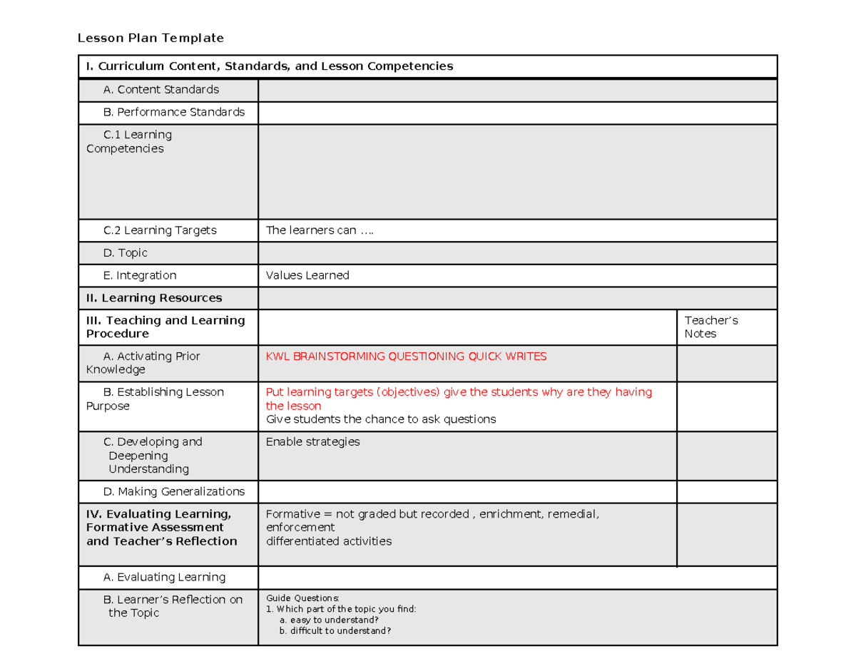 K-6 Lesson Plan Template - Lesson Plan Template I. Curriculum Content ...