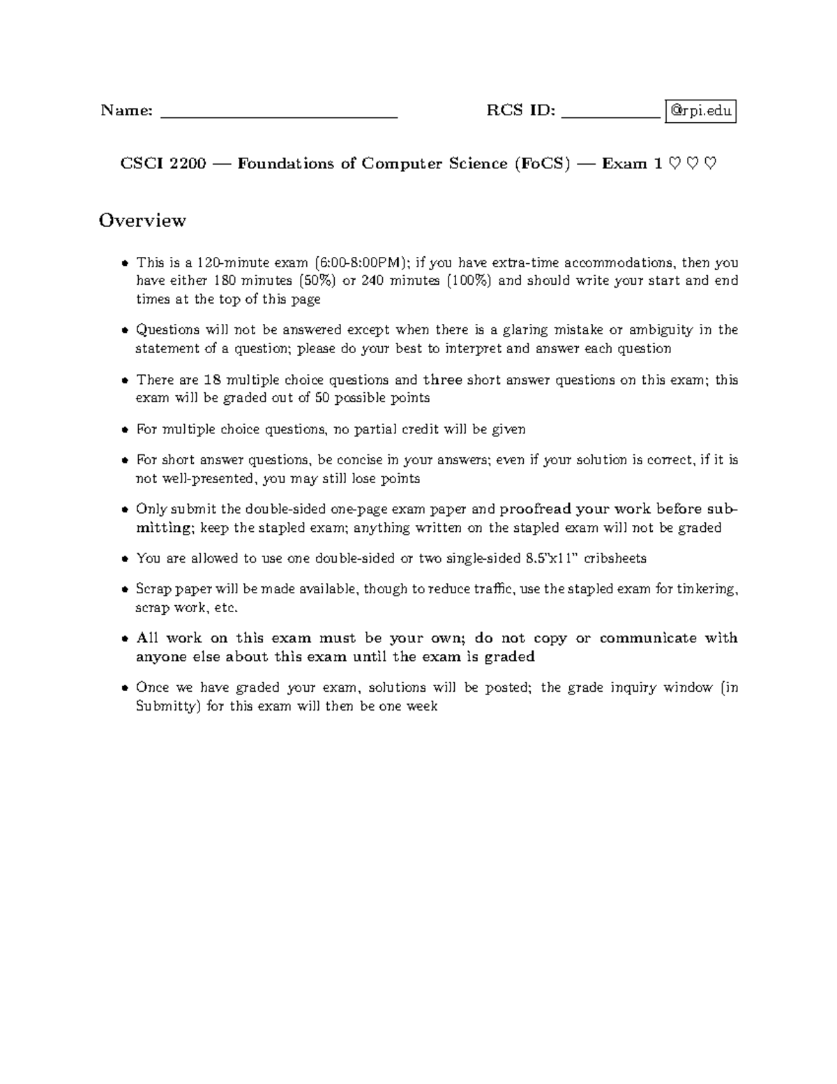 Exam1 - EXAM 1 - Name: RCS ID: @rpi CSCI 2200 — Foundations of Computer Science (FoCS) — Exam 1 ...