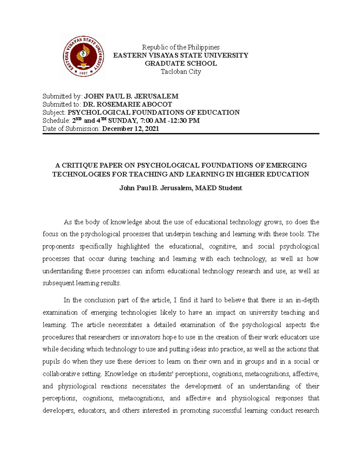 Critique Paper - This article is in partial fulfillment of the course ...