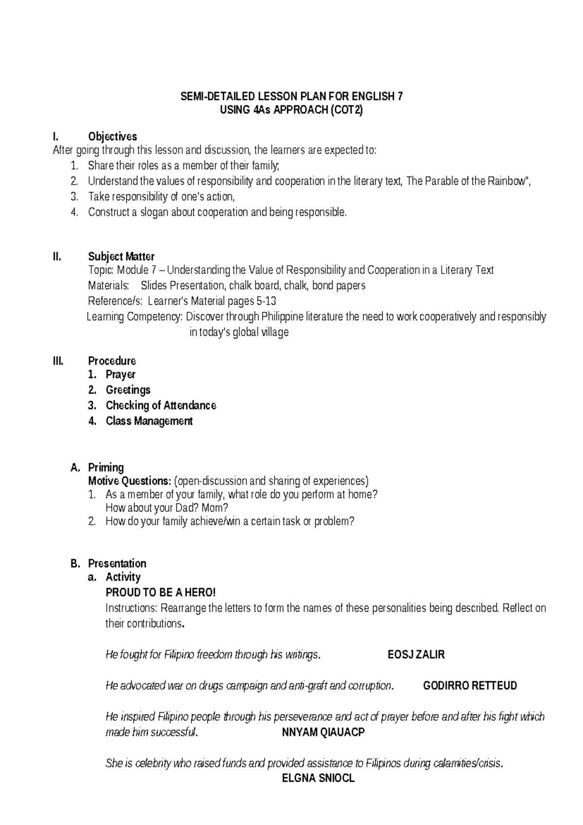 COT2-LP ENG7 - Lesson Plan - SEMI-DETAILED LESSON PLAN FOR ENGLISH 7 ...