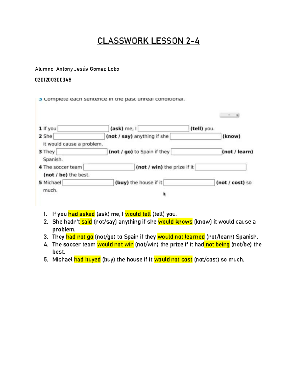 Classwork Lesson 2 - trabajos de englis lab - CLASSWORK LESSON 2 ...