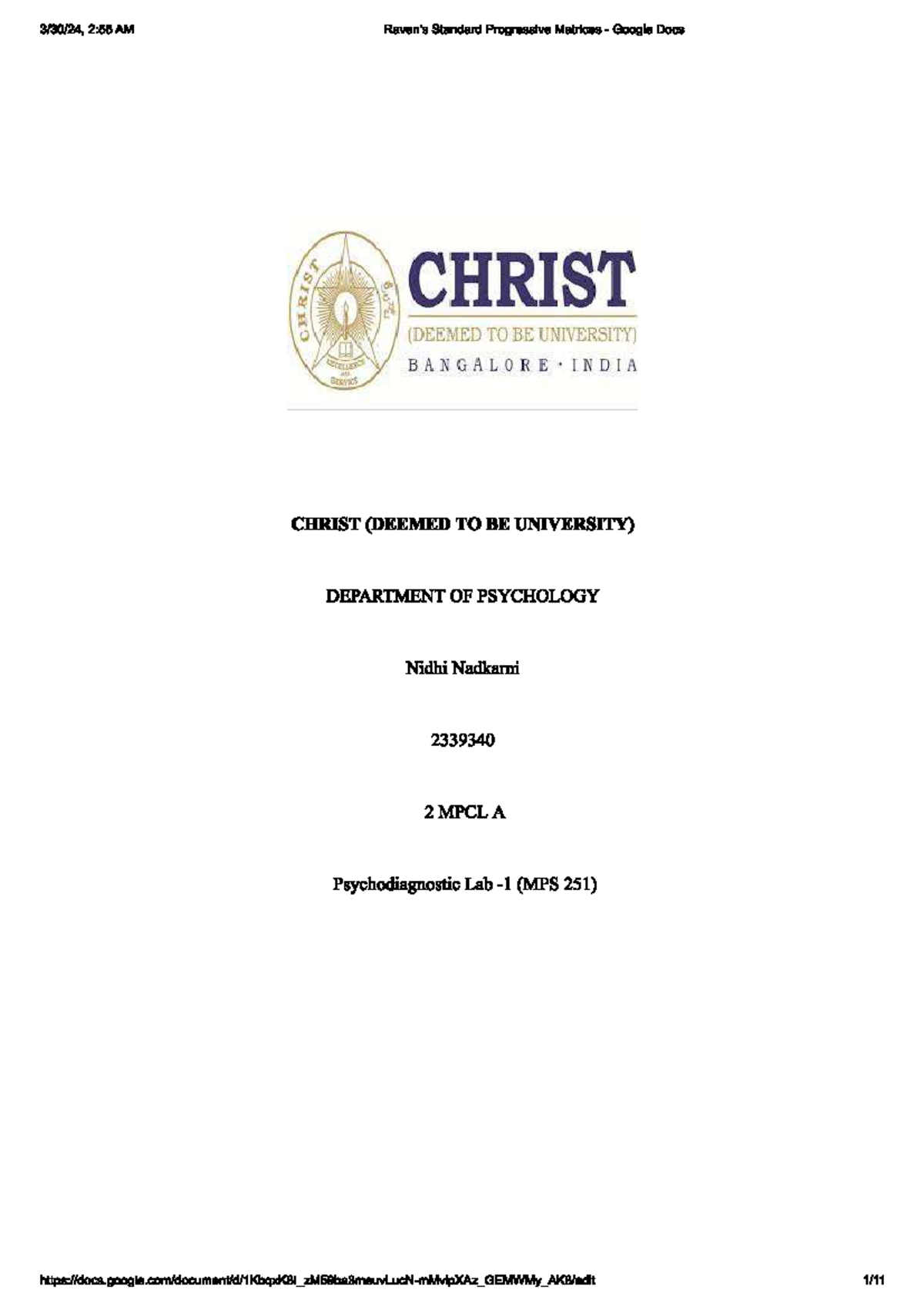 Raven's Standard Progressive Matrices - MSc. Clinical Psychology - Studocu