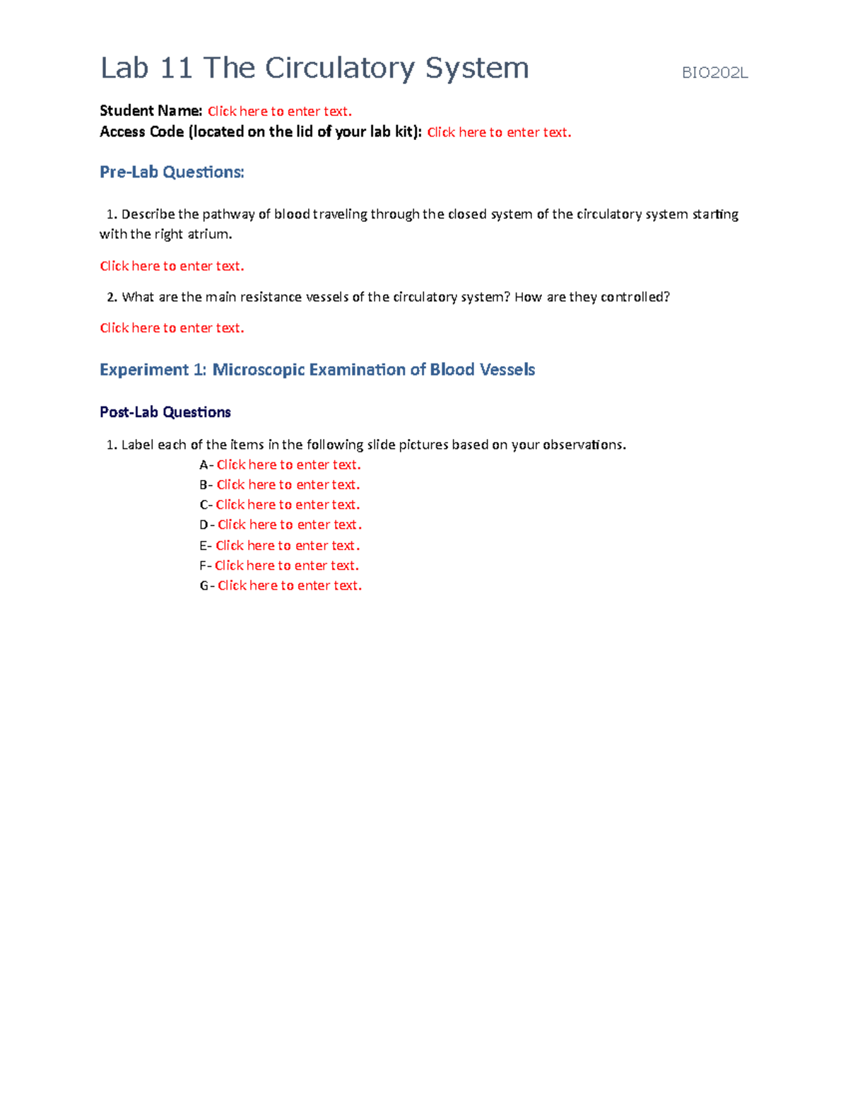 BIO202L+Lab+11+Upload+Document - Student Name: Click here to enter text. Access Code (located on ...