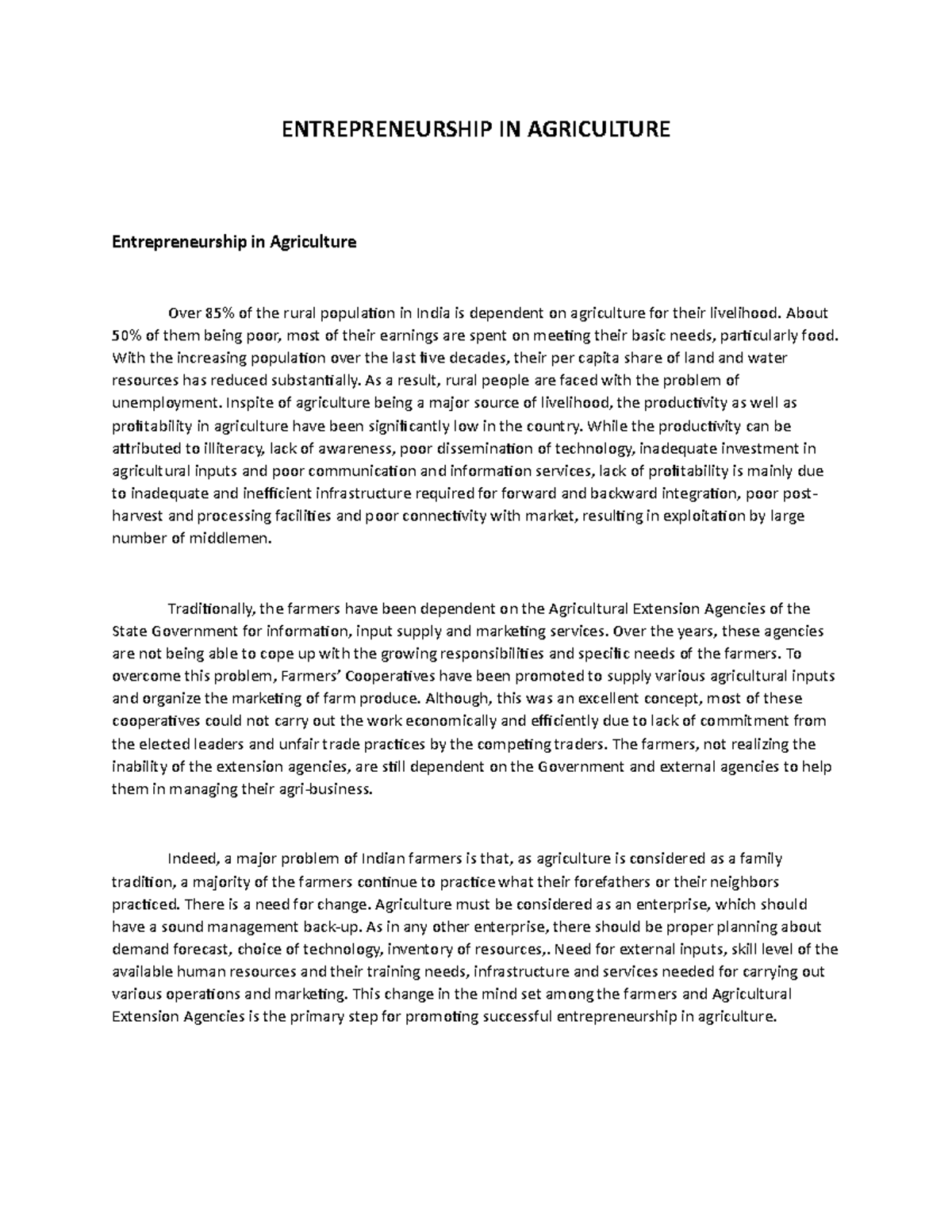 Entrepreneurship IN Agriculture - ENTREPRENEURSHIP IN AGRICULTURE ...