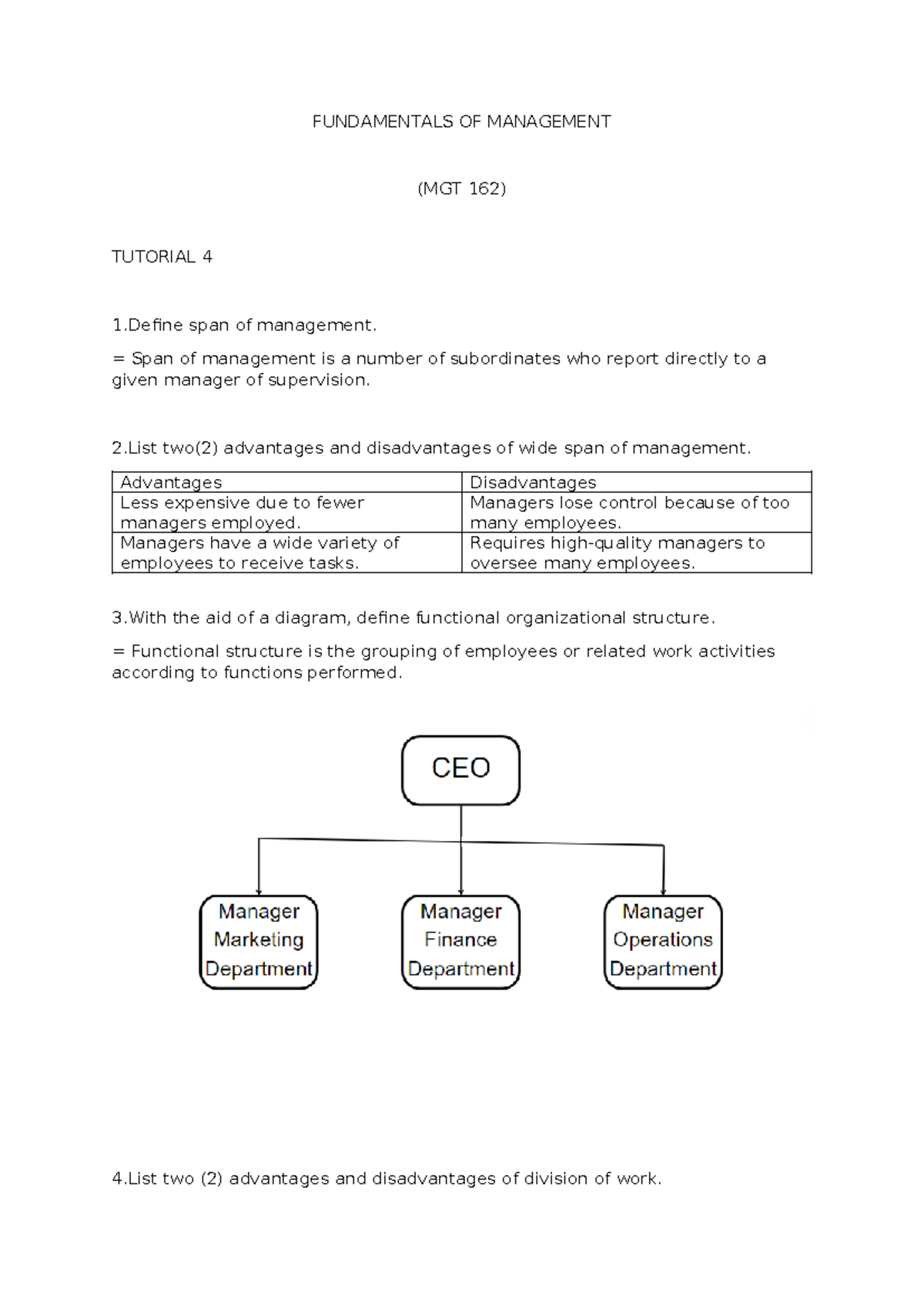 Tutorial 4 - FUNDAMENTALS OF MANAGEMENT (MGT 162) TUTORIAL 4 1 span of ...