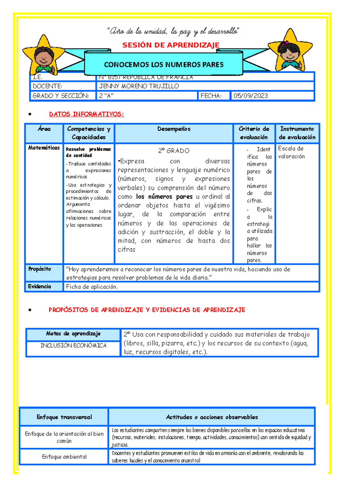 2º E7 S2 Sesion D2 MAT Numeros Pares - SESIÓN DE APRENDIZAJE I. N° 8157 REPÚBLICA DE FRANCIA ...