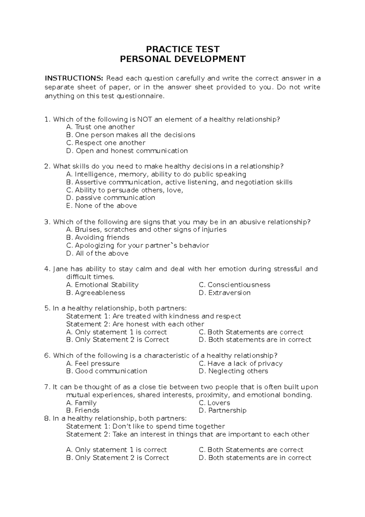 Personal Development - practice test - PRACTICE TEST PERSONAL ...