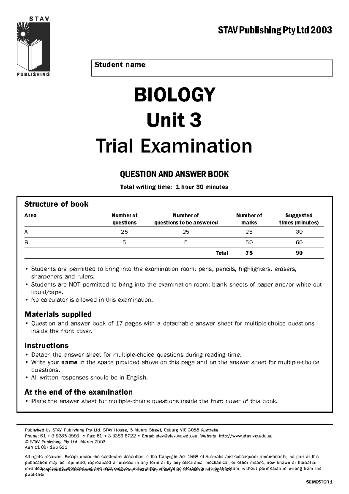 2003 STAV Biology U3 - Questions - Published by STAV Publishing Pty Ltd ...