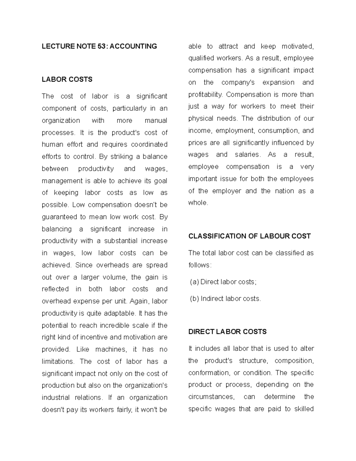 Lecture Note 53 in Accounting - LECTURE NOTE 53: ACCOUNTING LABOR COSTS ...