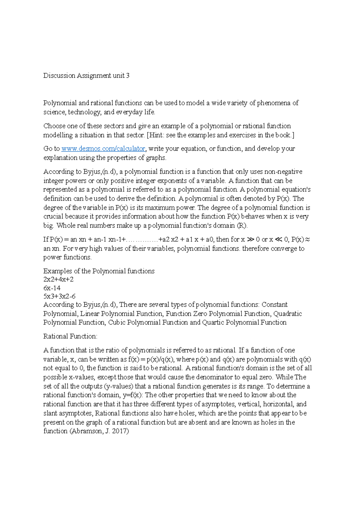 Discussion Assignment unit 3 - Choose one of these sectors and give an example of a polynomial ...