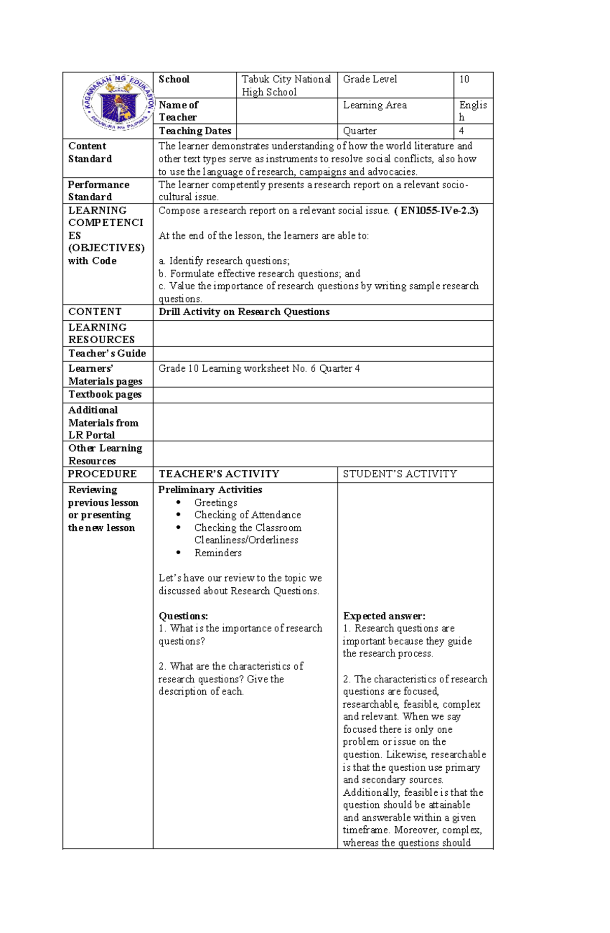 Quiz 10 - Drill Lesson Plan (Research Question) - School Tabuk City ...