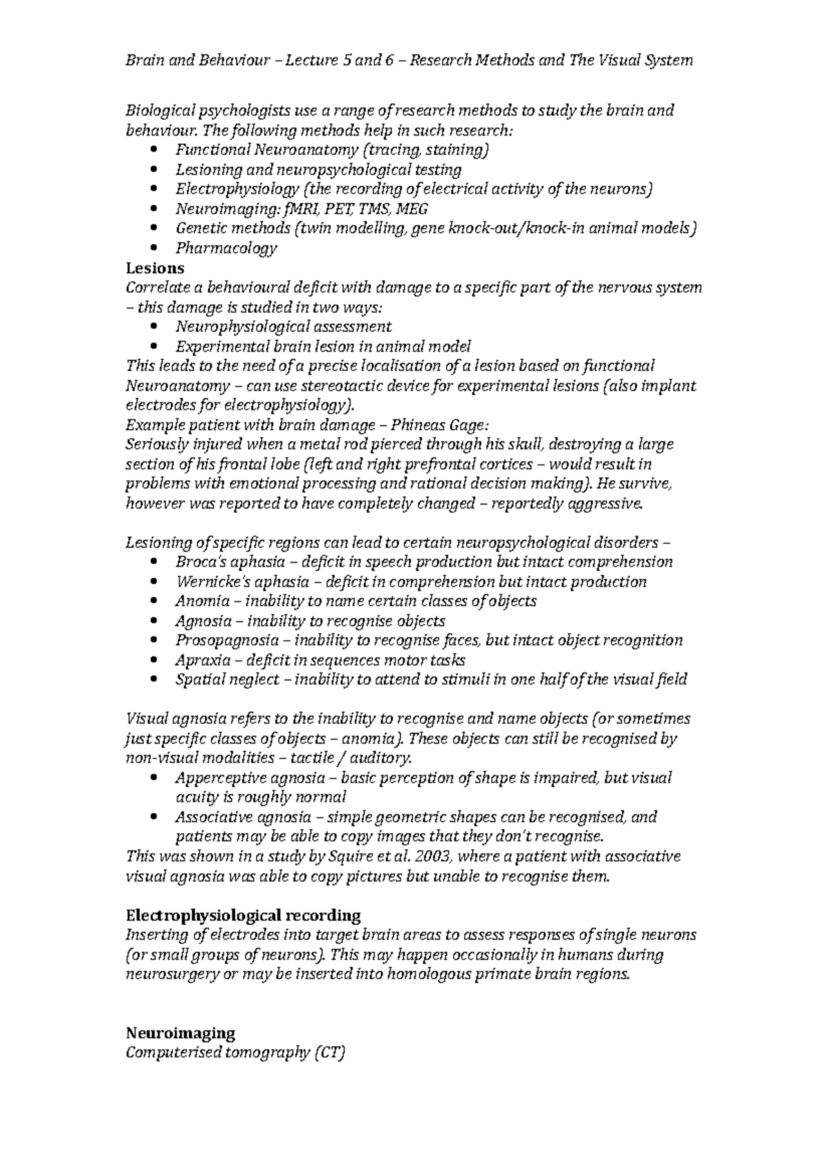 Week 3 - Lecture notes 3 - Brain and Behaviour – Lecture 5 and 6 ...