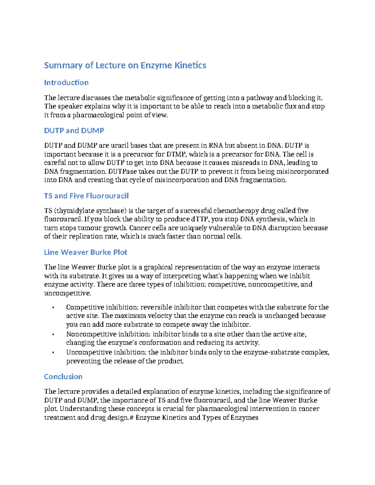 Workshop Notes - Enzyme Kinetics - Summary of Lecture on Enzyme ...
