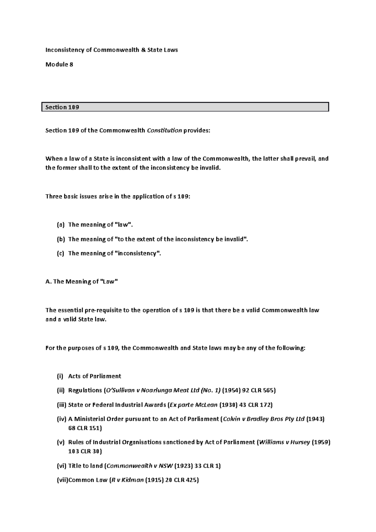 Inconsistency of Commonwealth section 109 (n) - Inconsistency of ...