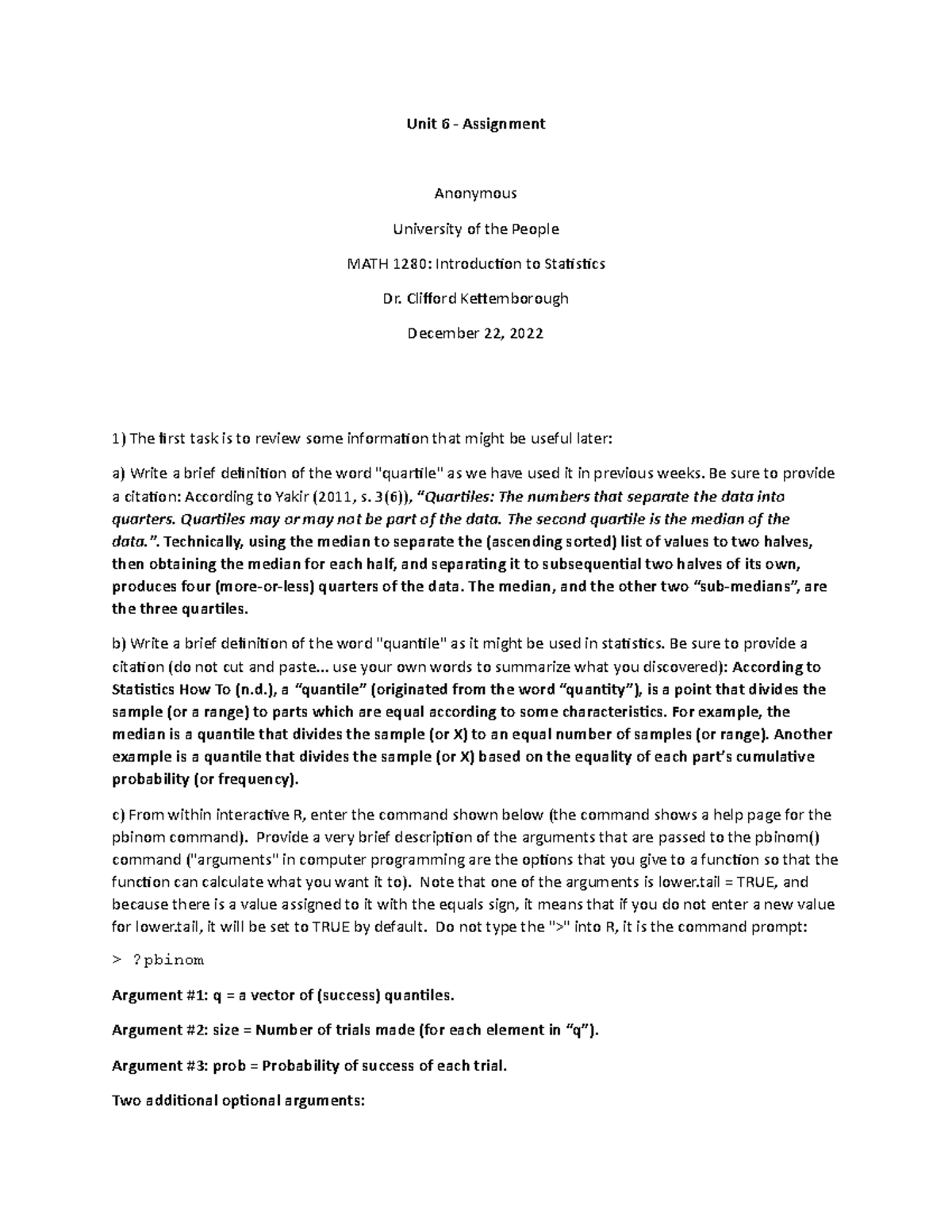 Math1280 Unit6 A Unit 6 Written Assignment Unit 6 Assignment Anonymous University Of The