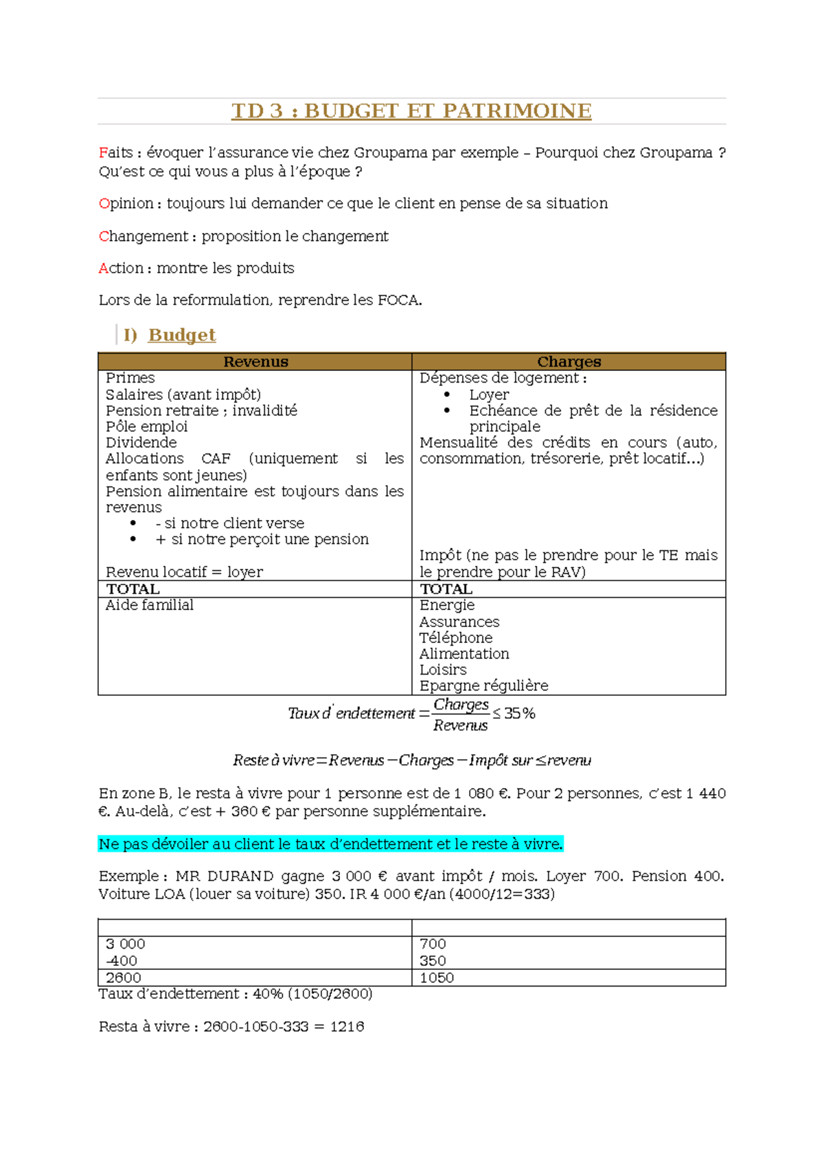 TD 3 - TD 3 - TD 3 : BUDGET ET PATRIMOINE Faits : évoquer l’assurance vie chez Groupama par ...