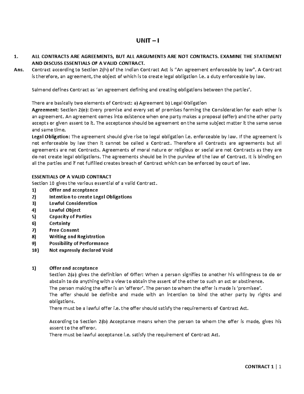 A -Sem 1 - Contract 1 - NO NAME - UNIT – I 1. ALL CONTRACTS ARE ...