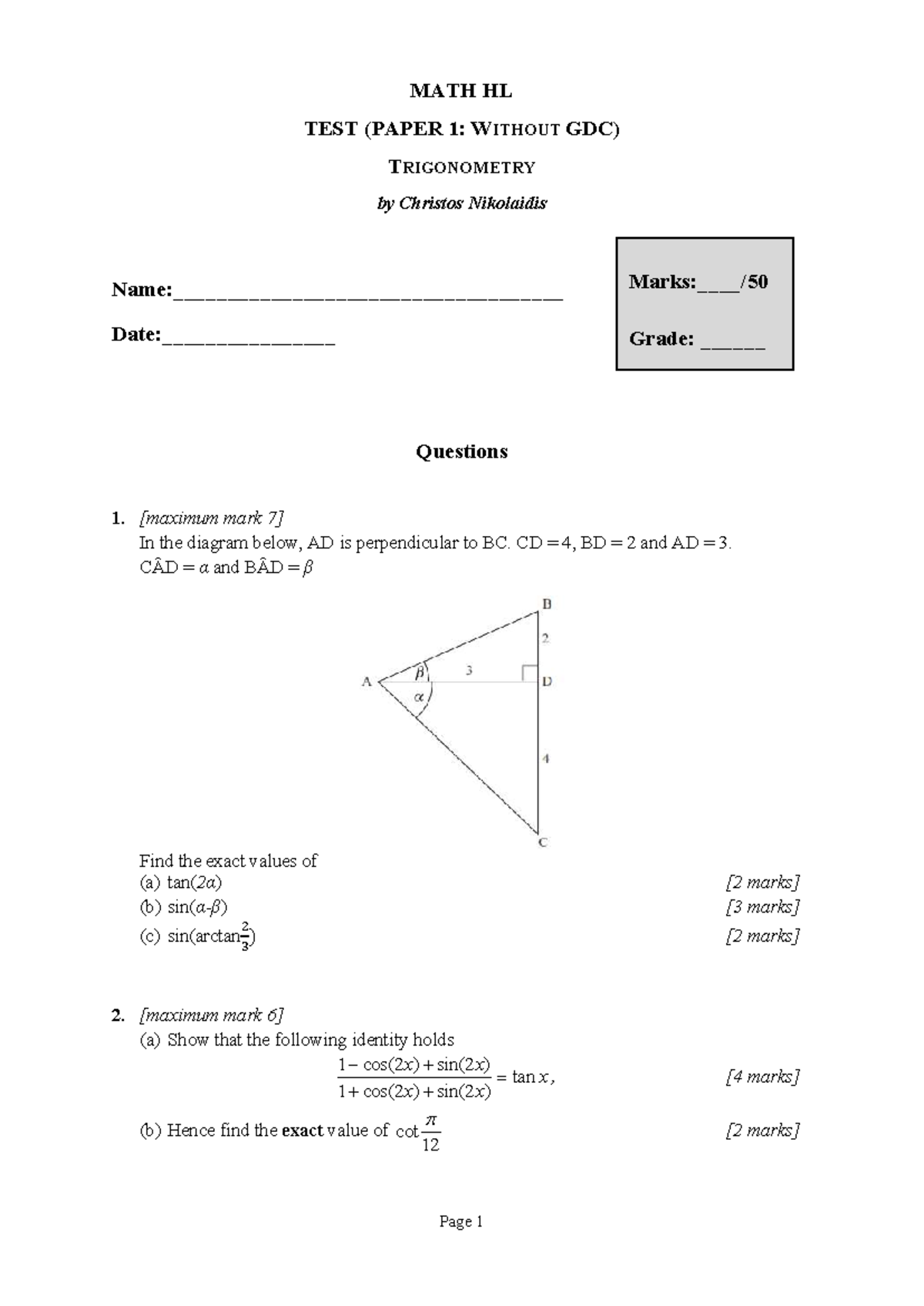 TEST 3. Trigonometry (P1-P2) (2014 ) - MATH HL TEST (PAPER 1: WITHOUT ...