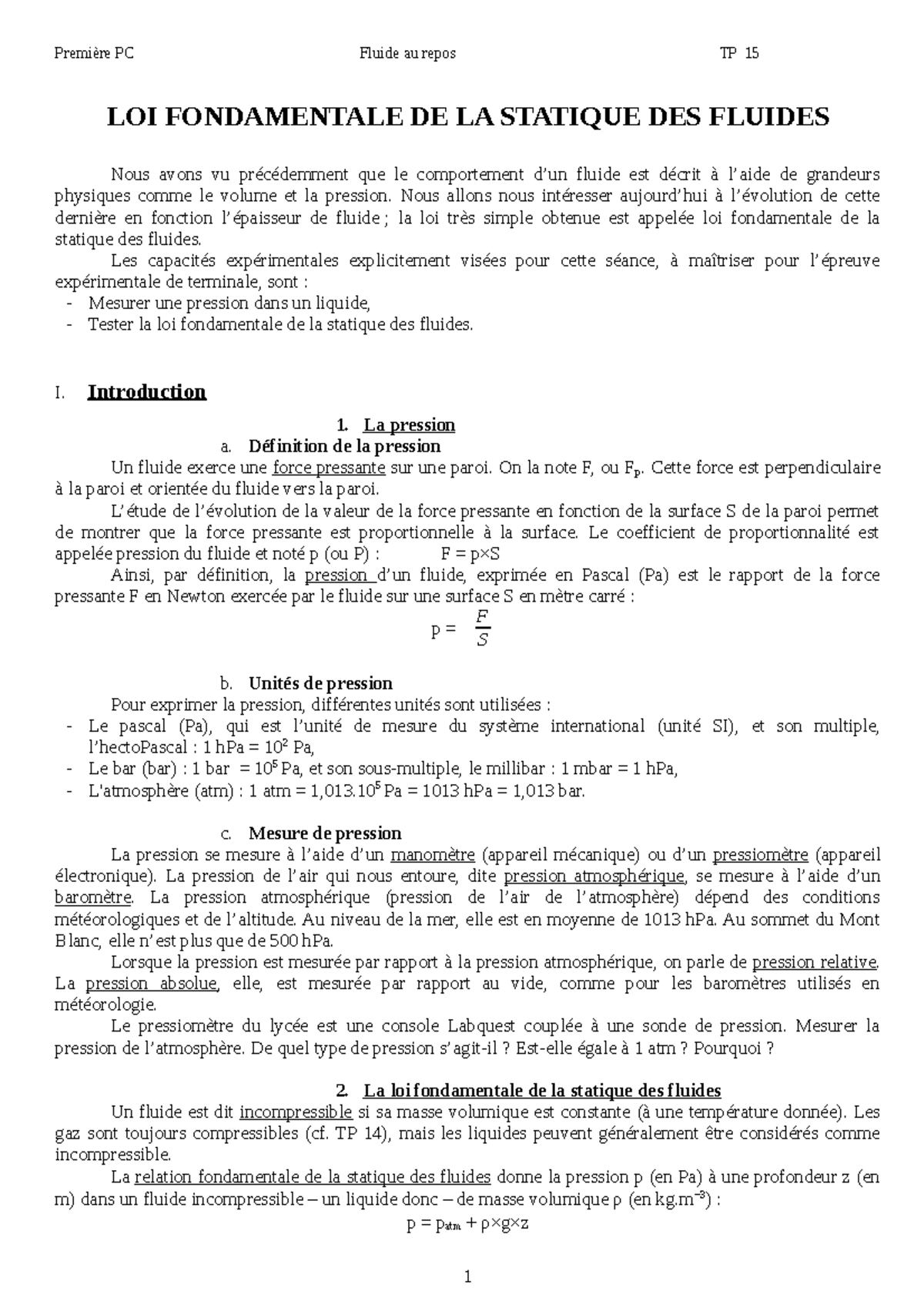 TP 15 Loi fondamentale de la statique des fluides - Première PC Fluide au repos TP 15 LOI - Studocu