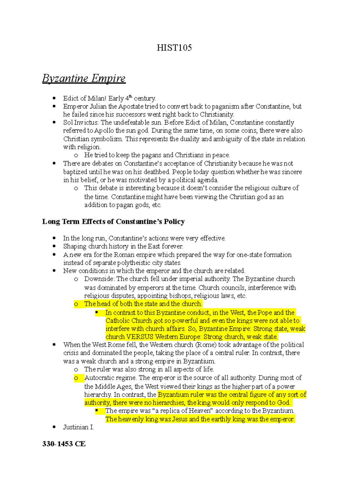 Hist105 notes - 2022 güz dönemindeki lecture notları. - HIST Byzantine ...