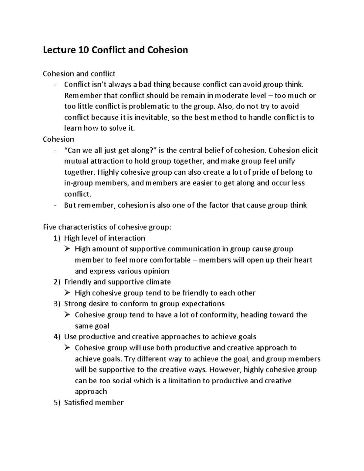 Final review - Lecture notes 10-13 - Lecture 10 Conflict and Cohesion ...
