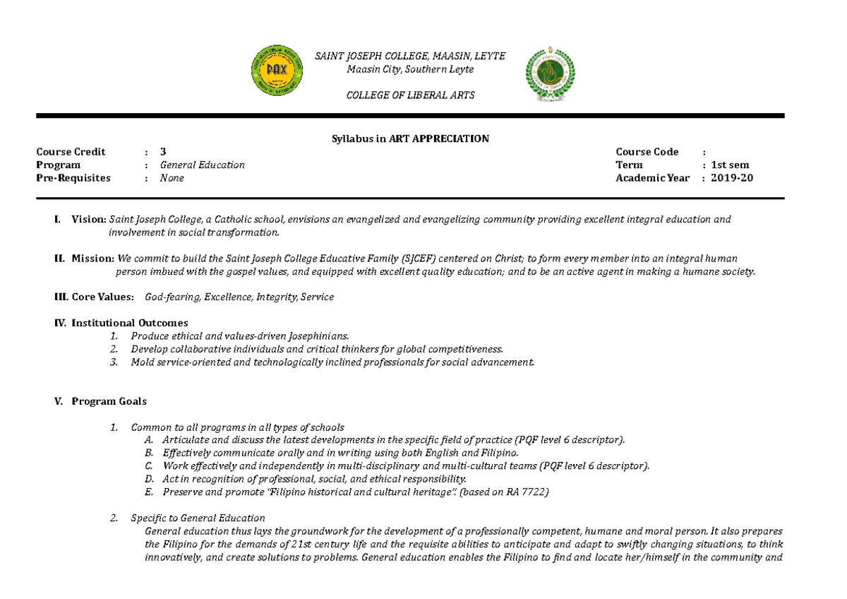 Art Appreciation Syllabus - SAINT JOSEPH COLLEGE, MAASIN, LEYTE Maasin ...