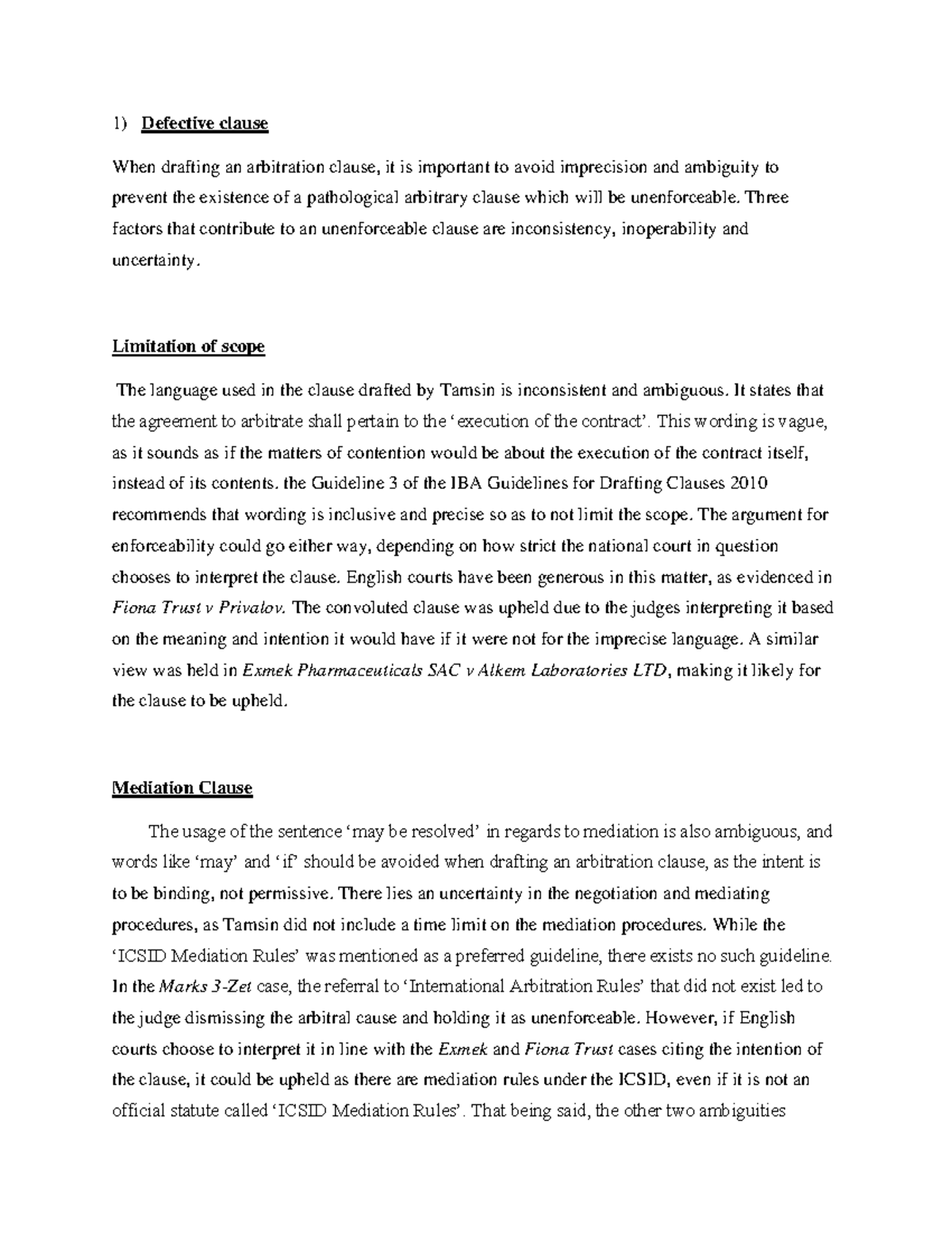 Int Arb Exam - Open book exam - Defective clause When drafting an ...