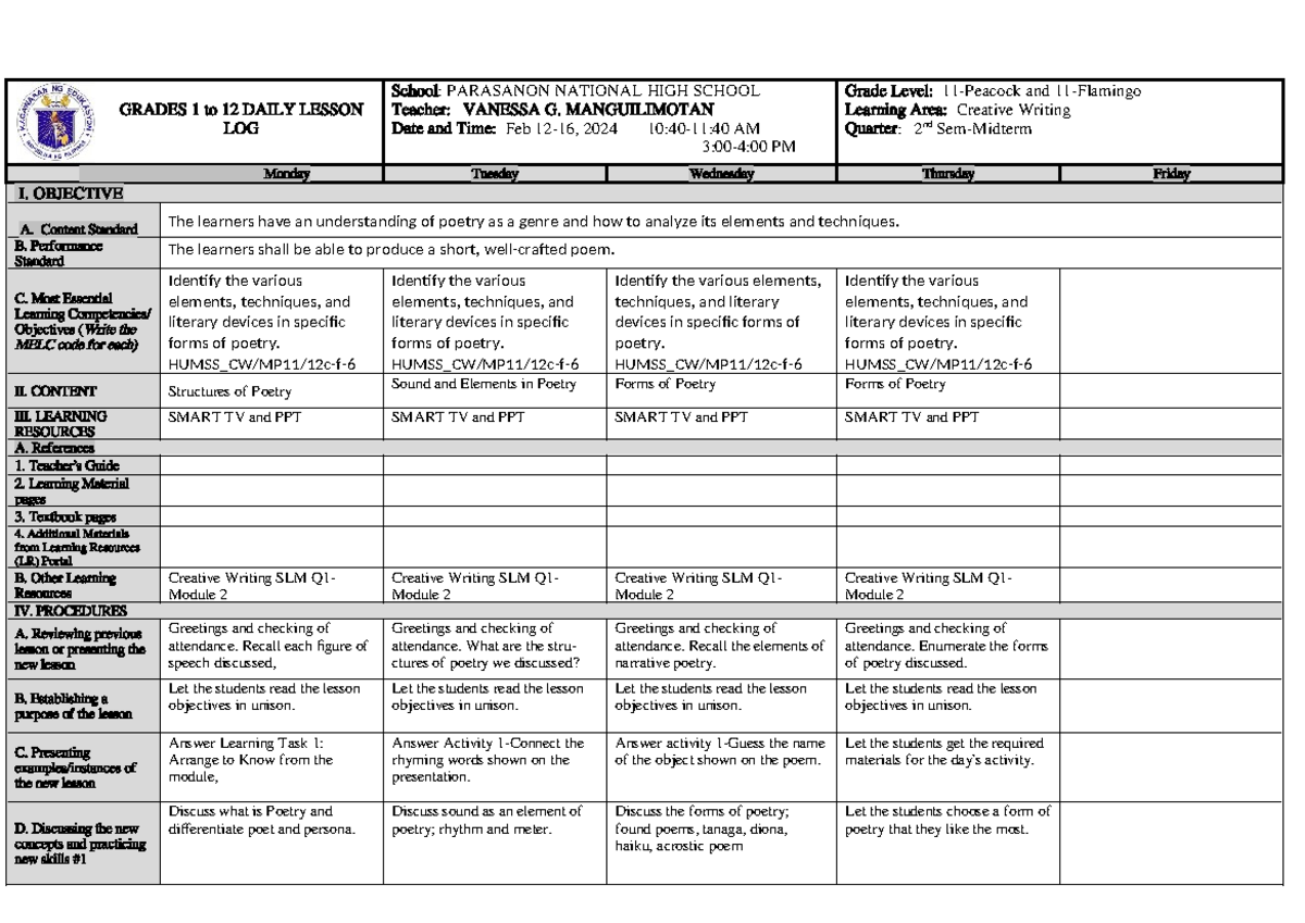 Daily Lesson Log Creative Writing Q3 Week 2 - GRADES 1 to 12 DAILY ...