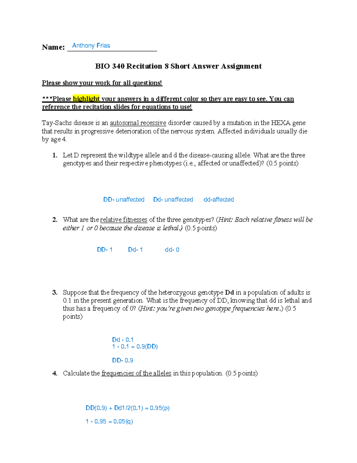 Recitation 8 Short Answer - Name: ______________________ BIO 340 Recitation 8 Short Answer - Studocu