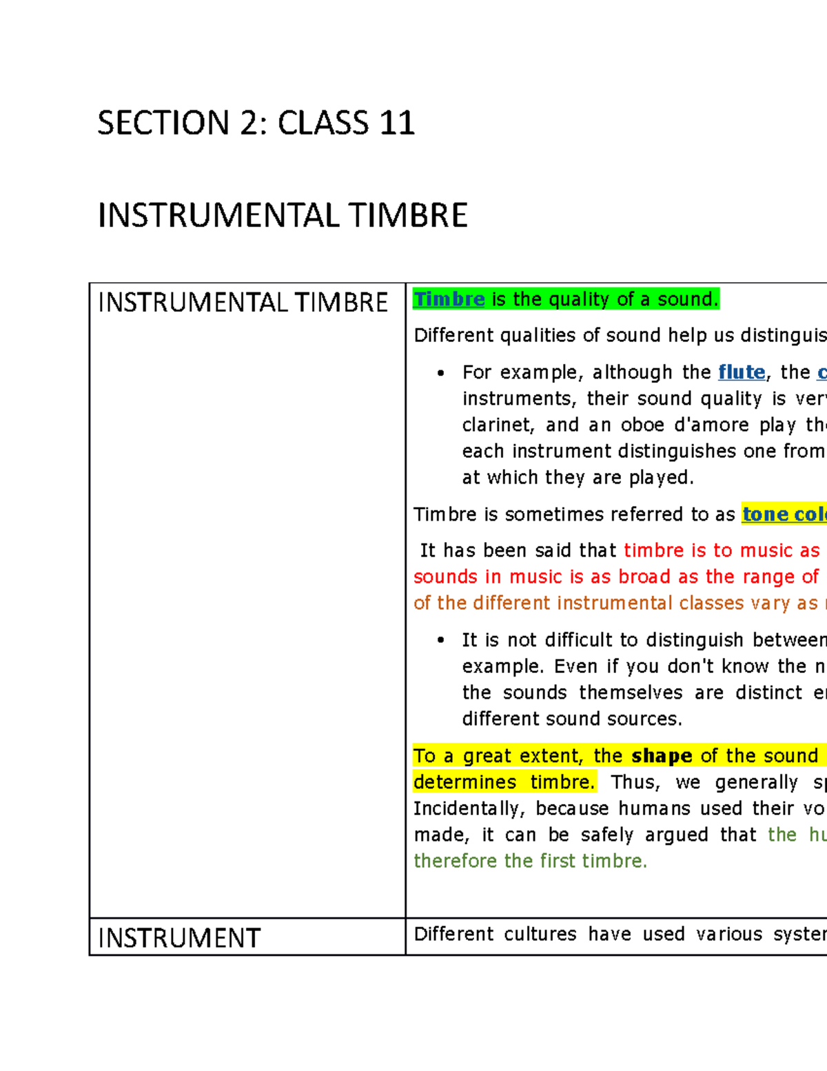 MUS 111 Section 2 Class 11-20 - SECTION 2: CLASS 11 INSTRUMENTAL TIMBRE ...