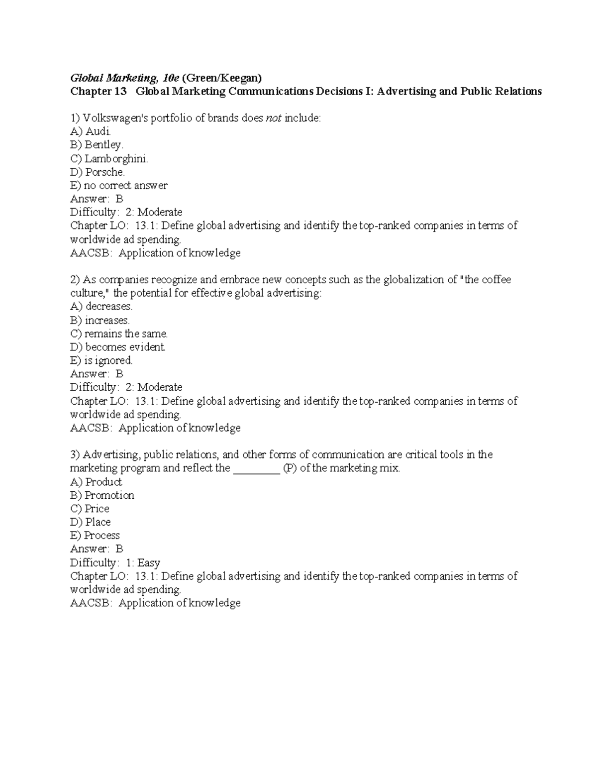 Green Gm10 tb 13 - Test Banks - Global Marketing, 10e (Green/Keegan ...