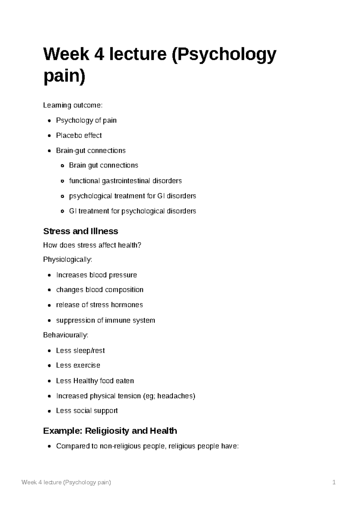 Week 4 lecture (Psychology pain) - Week 4 lecture (Psychology pain) Learning outcome: Psychology ...