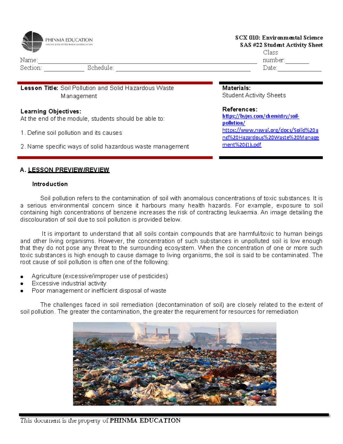 Soil Pollution and Solid Hazardous Waste Management - SAS # 22 Student ...