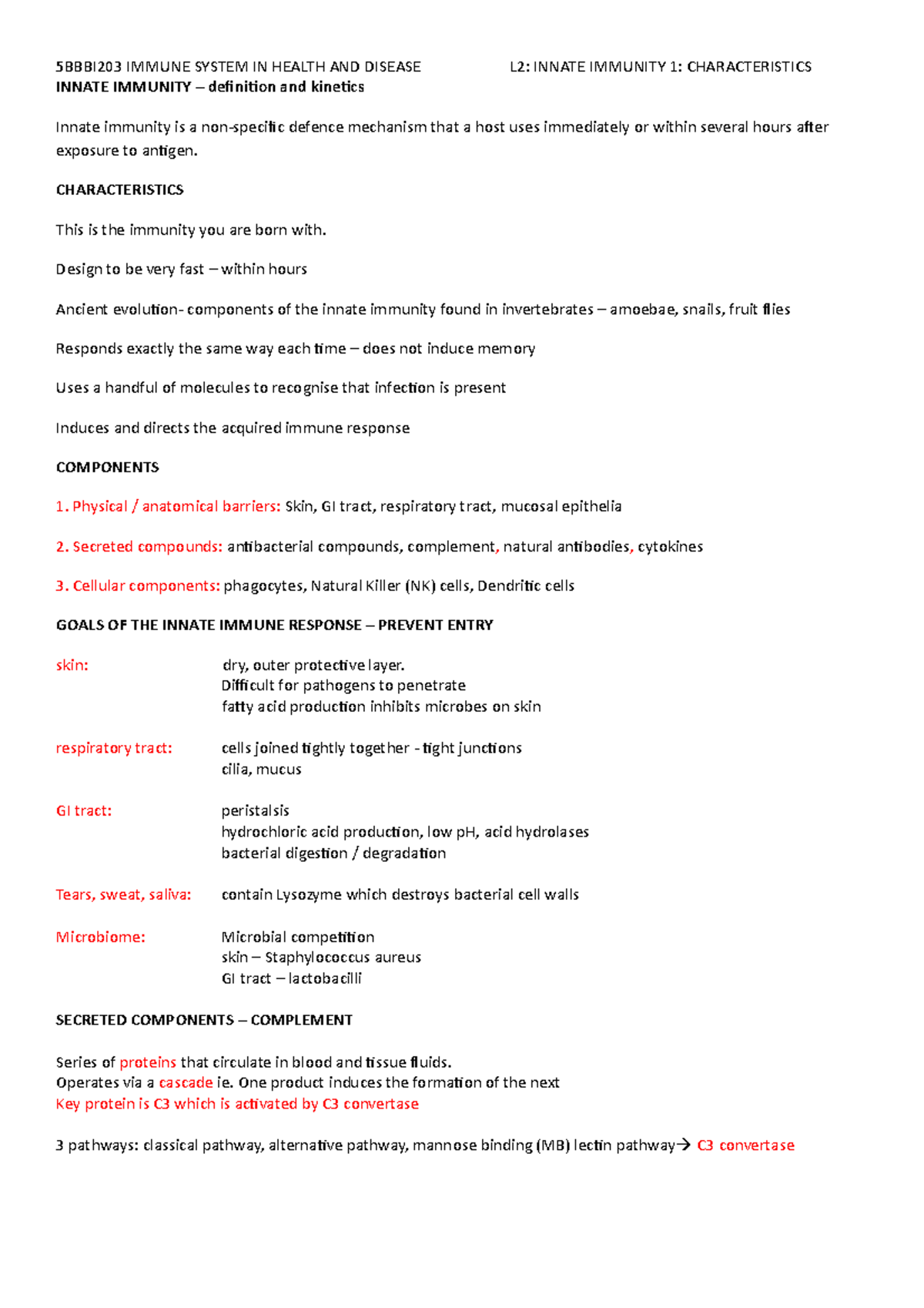 L2. Innate Immunity - Lecture notes 2 - INNATE IMMUNITY – definition ...