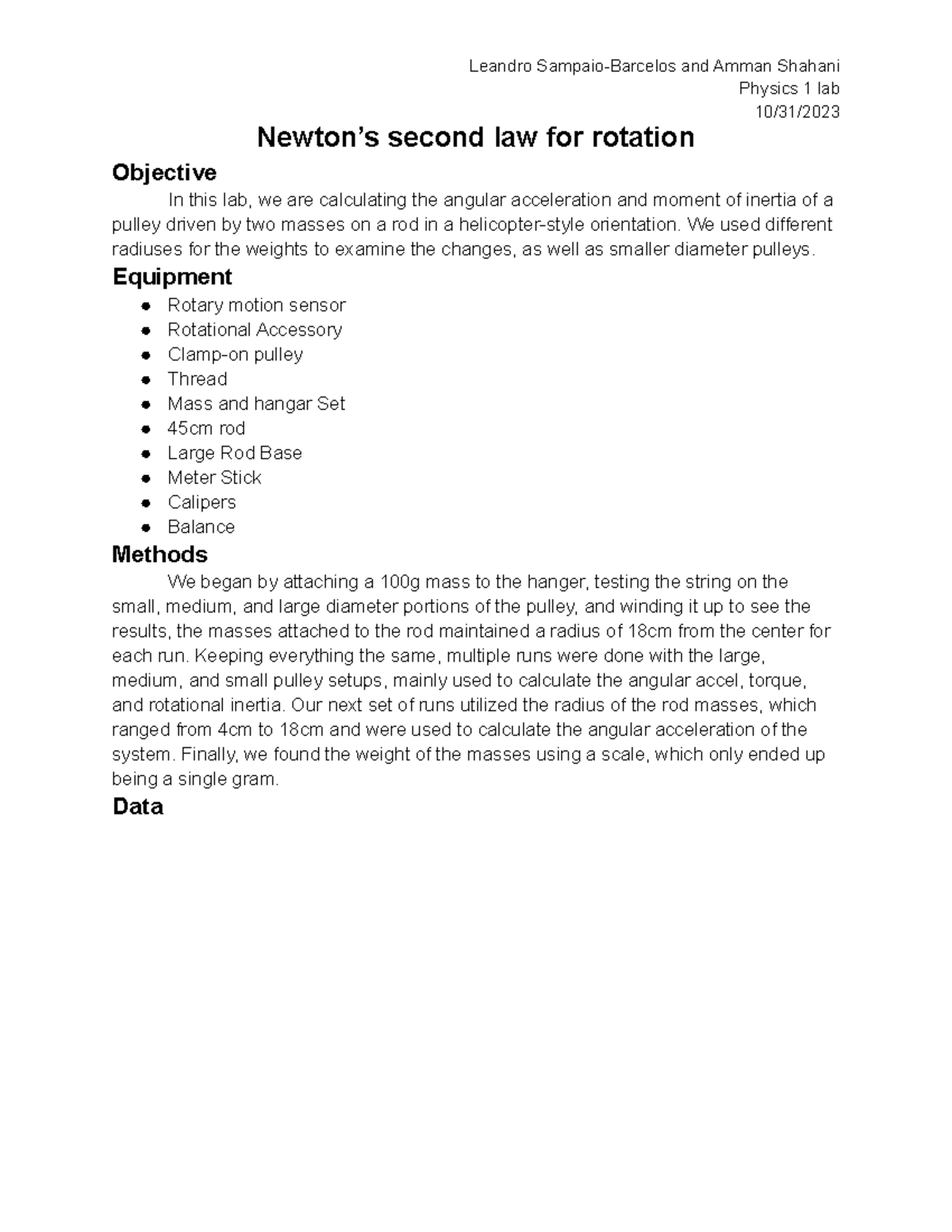 Newton's second law for rotation lab Leandro Sampaio-Barcelos - Physics ...