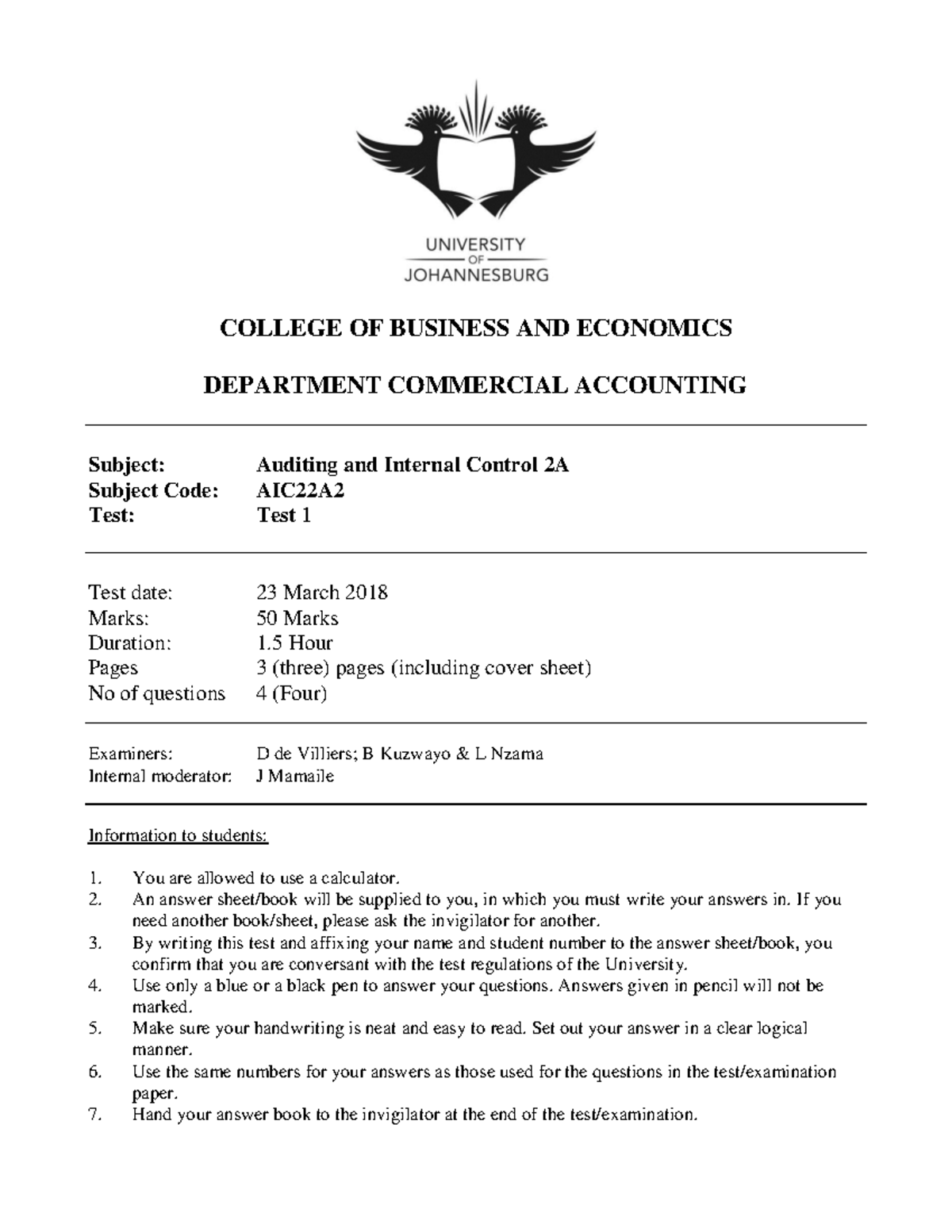 2018 AIC22A2 Test 1 - Auditing question paper - COLLEGE OF BUSINESS AND ...