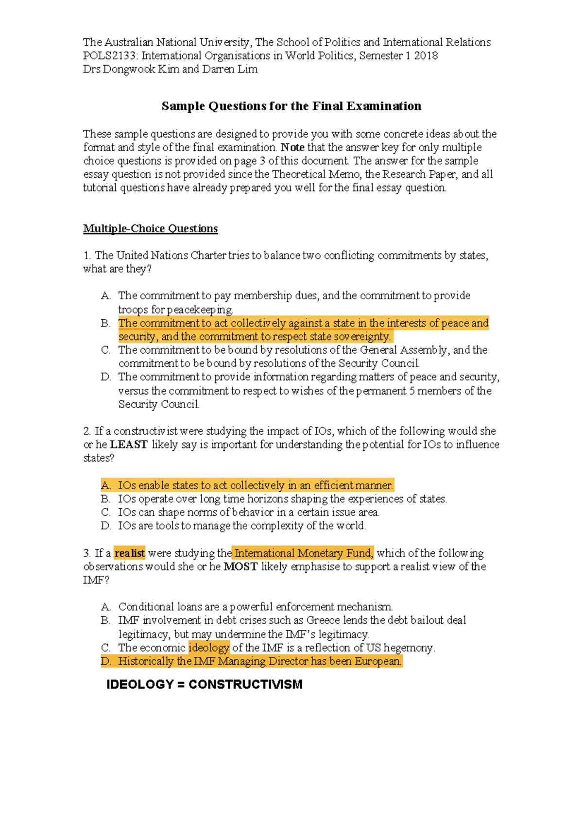Final Exam Sample Questions - The Australian National University, The ...