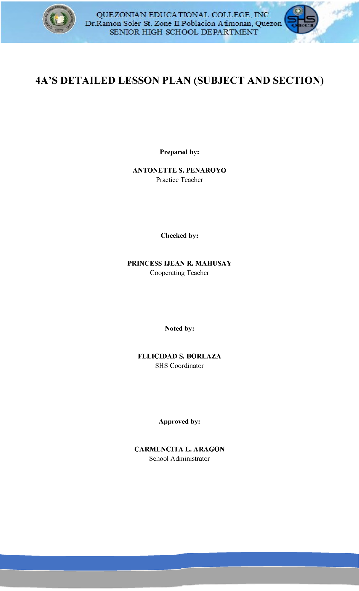 SHS Lesson PLAN Format - Just a template. - 4A’S DETAILED LESSON PLAN ...