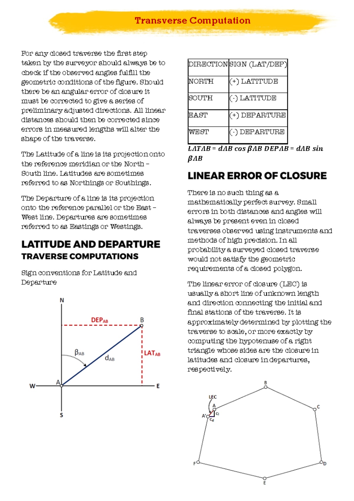 Transverse Computation - For any closed traverse the first step taken ...