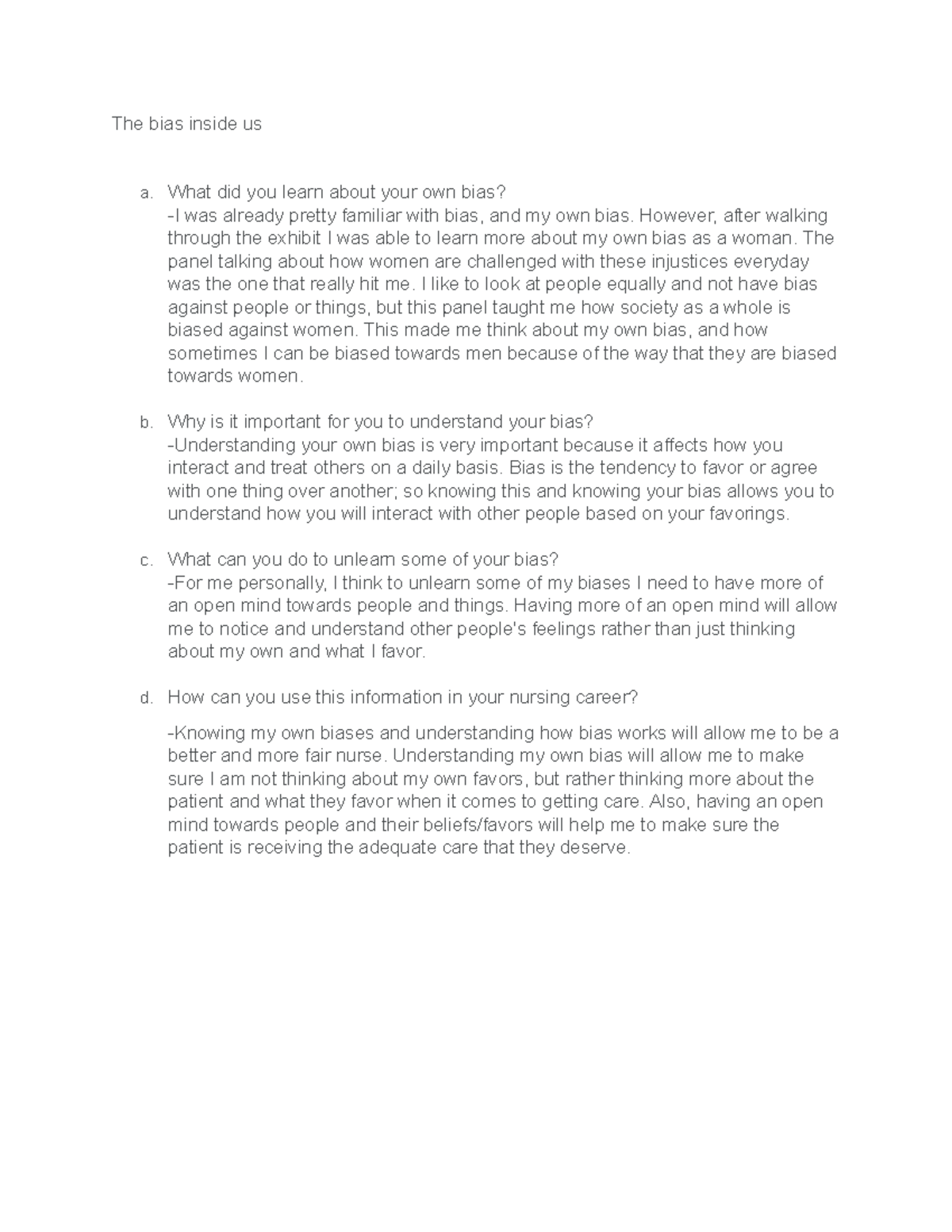 The Bias Inside Us reflection - The bias inside us a. What did you learn about your own bias? -I ...